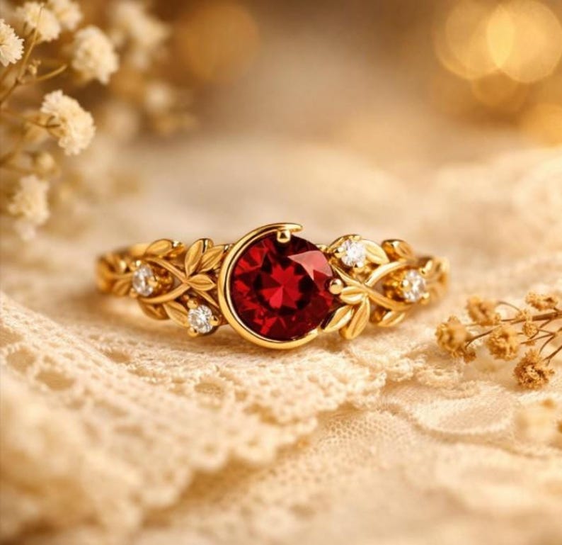 Ruby Red Floral Ring, Gold Leaf Band, Vintage Style - Etsy