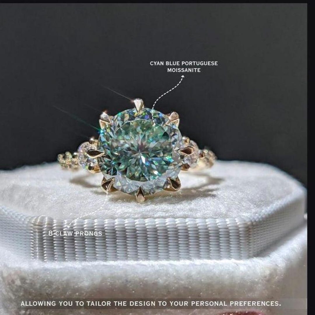Cyan Blue Moissanite Engagement Ring, Twisted Shank, Three Stone Bridal ...