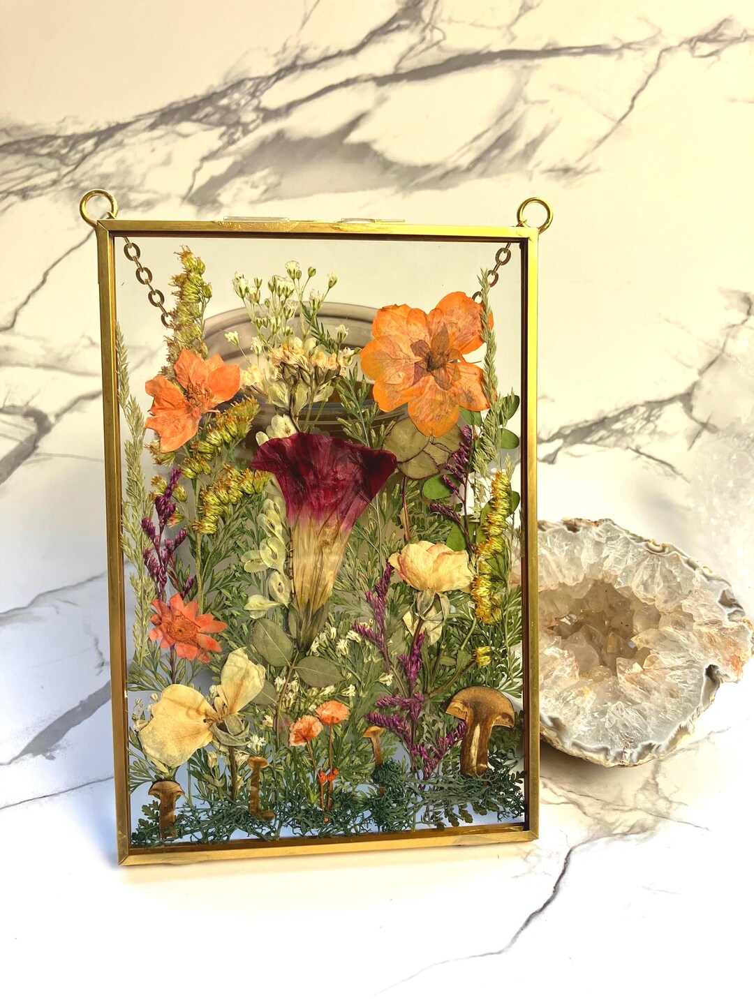 Gold Glass Wall Frame With Dried Pressed Flowers, Gold Frame, Botanical ...