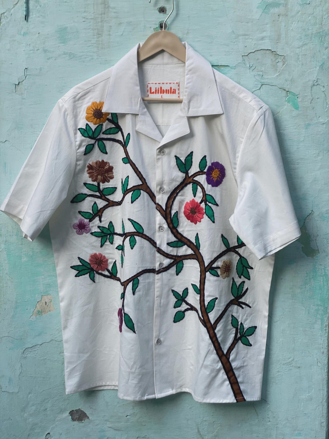 Handmade Cotton Cuban Collar Shirt With Nature Embroidery - Etsy
