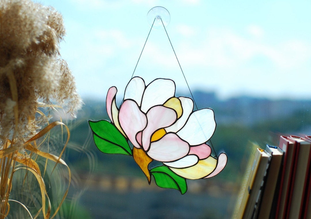 Stained Glass Panel White Magnolia Window Hangings Stained - Etsy