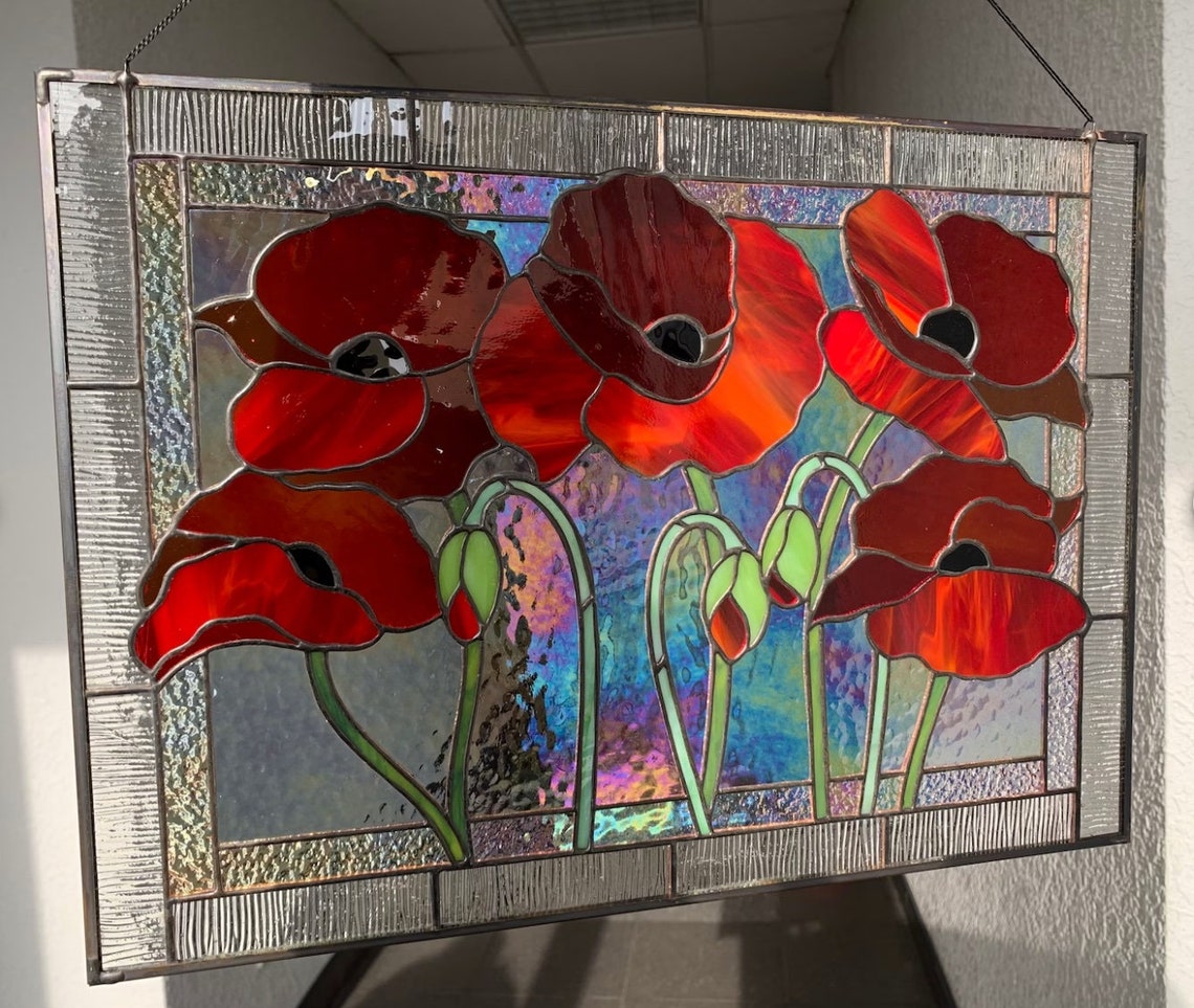 Stained Glass Panel Poppies Stained Glass Window Hangings Red Poppy ...