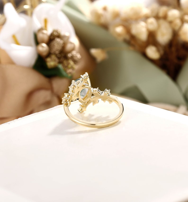 Leaf Moss Agate Engagement Ring Set, Moss Agate Flower Bridal Set, Pear ...