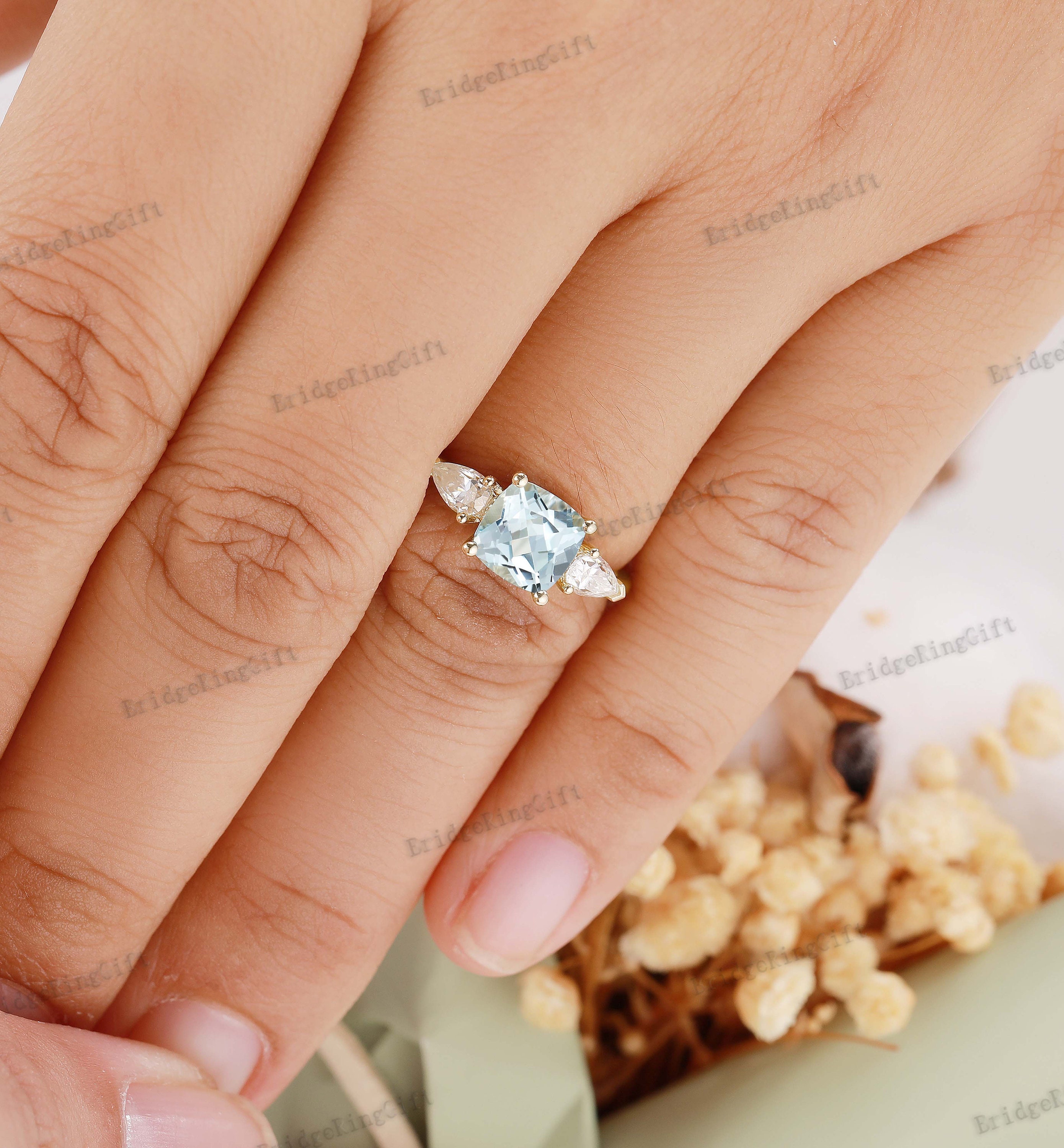 Cushion Cut Aquamarine Engagement Ring, Antique Aquamarine Ring, Three ...