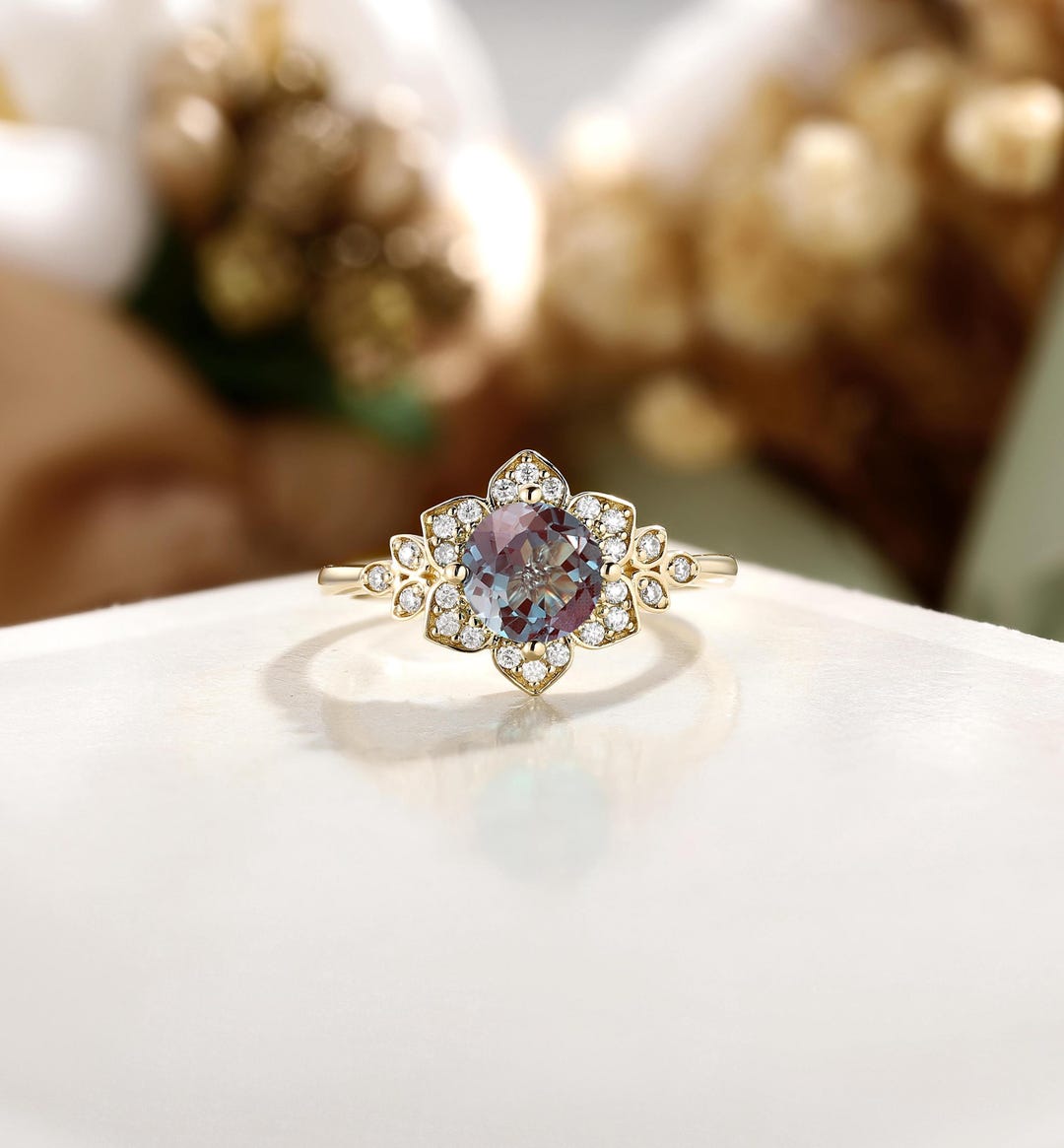 Alexandrite Promise Ring, Alexandrite Halo Ring, Diamond Flower Ring ...