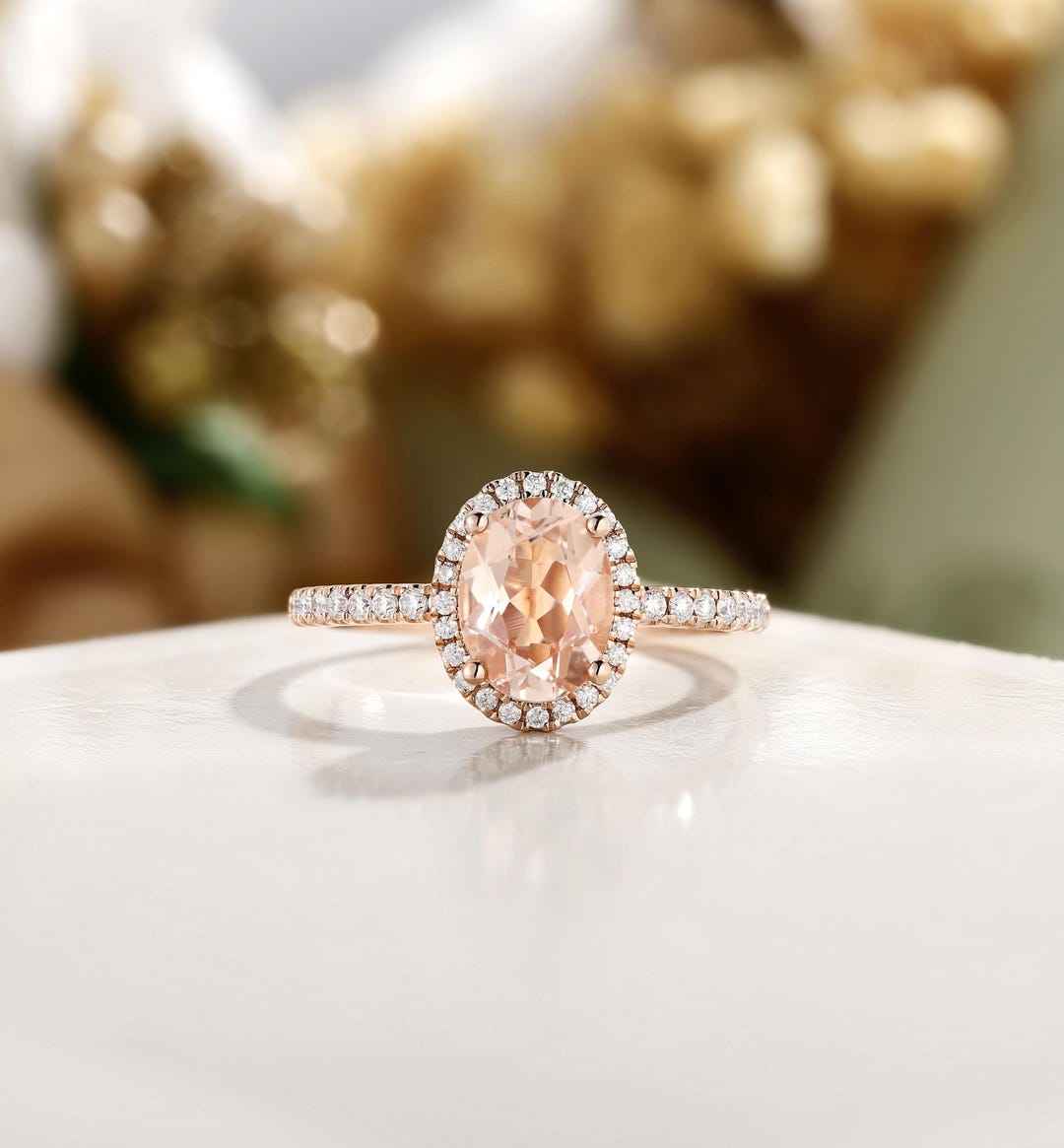 Unique Morganite Engagement Ring, Morganite Halo Ring, Oval Cut ...