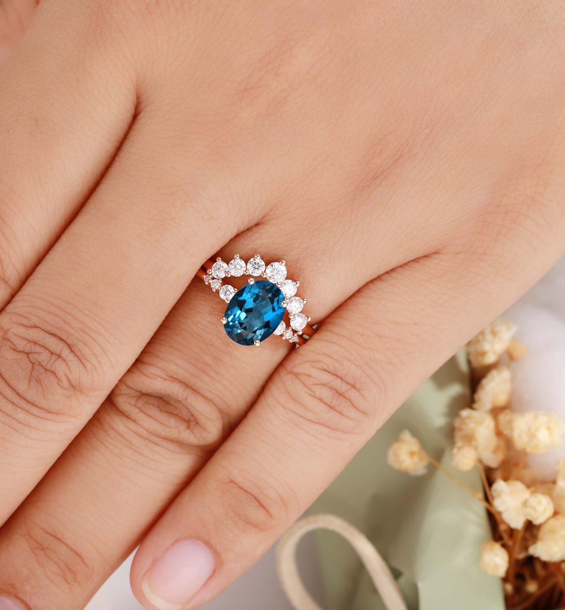 London Blue Topaz Ring Set, Rose Gold Engagement Ring, Unique Topaz ...