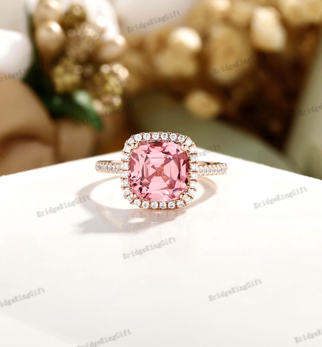 Cushion Pink Sapphire Ring, Unique Peachy Pink Sapphire Engagement Ring ...