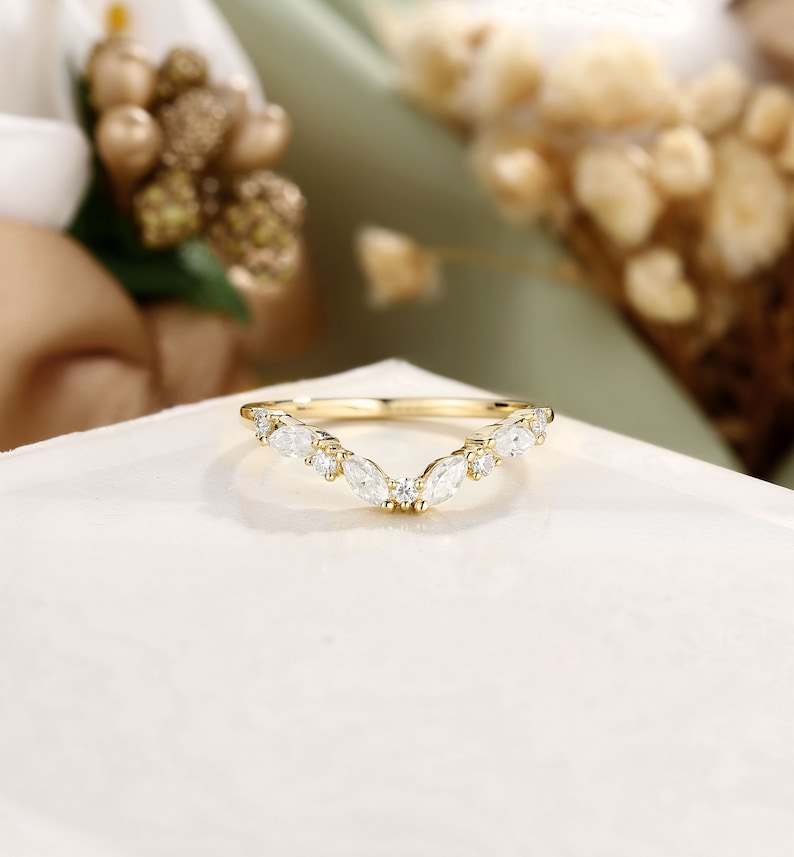 Curved 14k Yellow Gold Wedding Band, Marquise Moissanite Stacking Ring ...