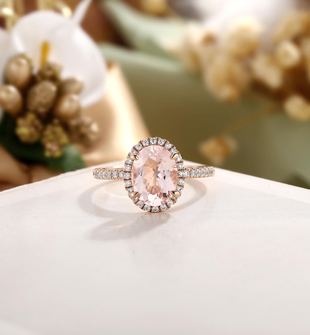 Morganite Engagement Ring, Morganite Halo Ring, Oval Morganite Wedding ...