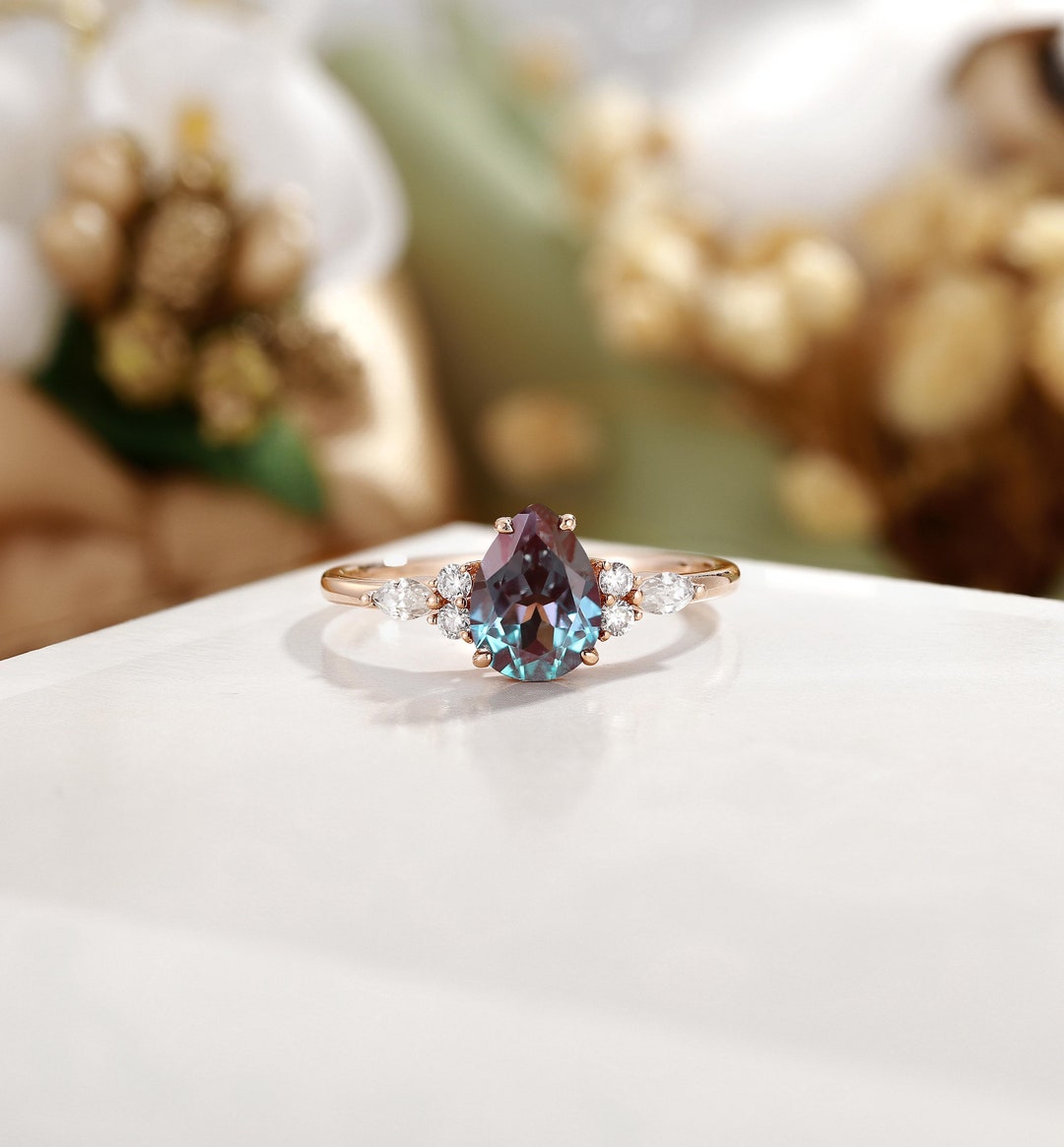 Pear Cut Alexandrite Engagement Ring, Alexandrite Cluster Ring, Antique ...