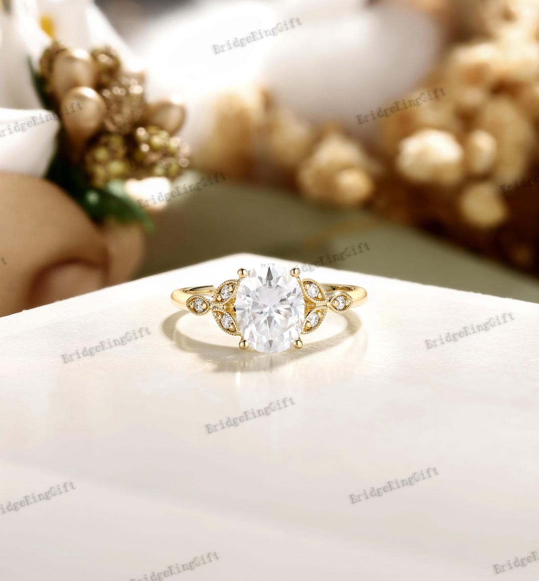Antique Moissanite Engagement Ring, Moissanite Flower Ring, Oval Cut ...