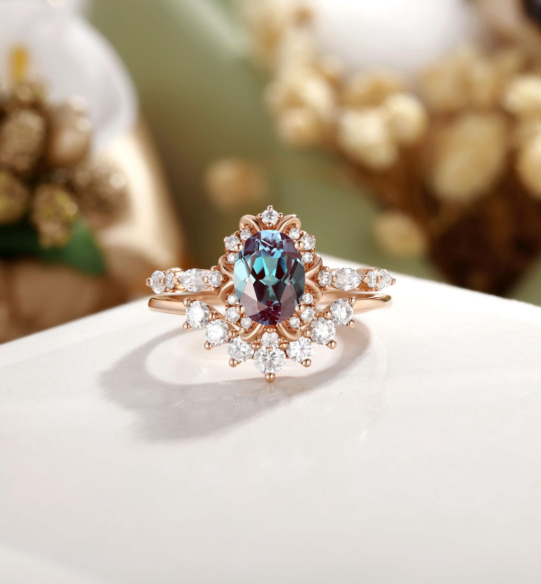 Art Deco Alexandrite Engagement Ring Set, Alexandrite Flower Ring, Oval ...