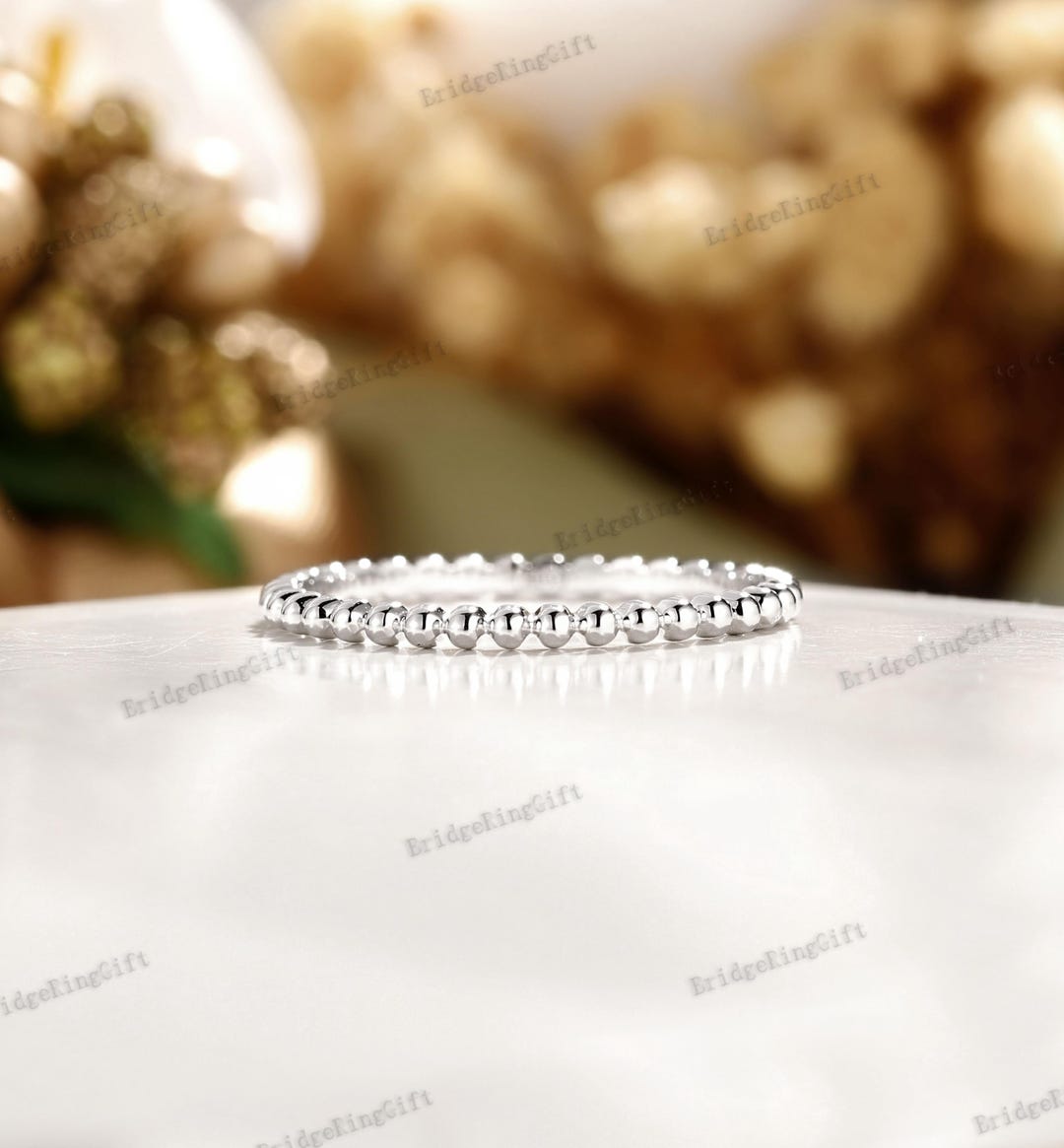 14K Gold Beaded Band Ring, Dainty Minimalist Ring, Ball Ring, White Gold Dotted Ring, Simple ...