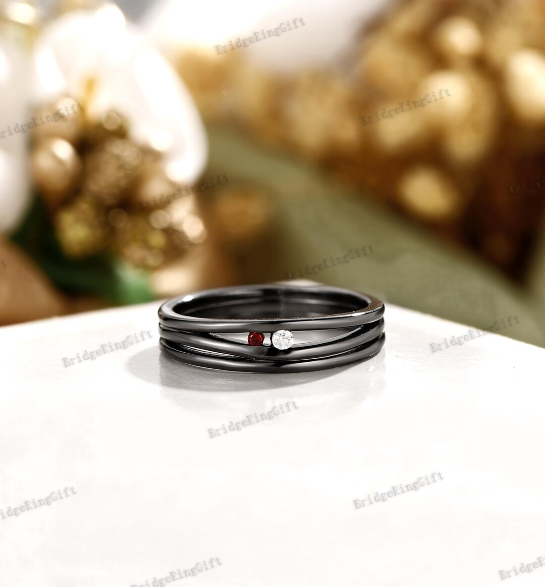 Simple Black Ring for Women, Antique Black Gold Ring, Moissanite Wedding Band, Garnet Wedding ...