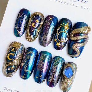 Dark Witchy Whimsical Celestrial Blue Purple 3D Nails, Luxury Handmade ...