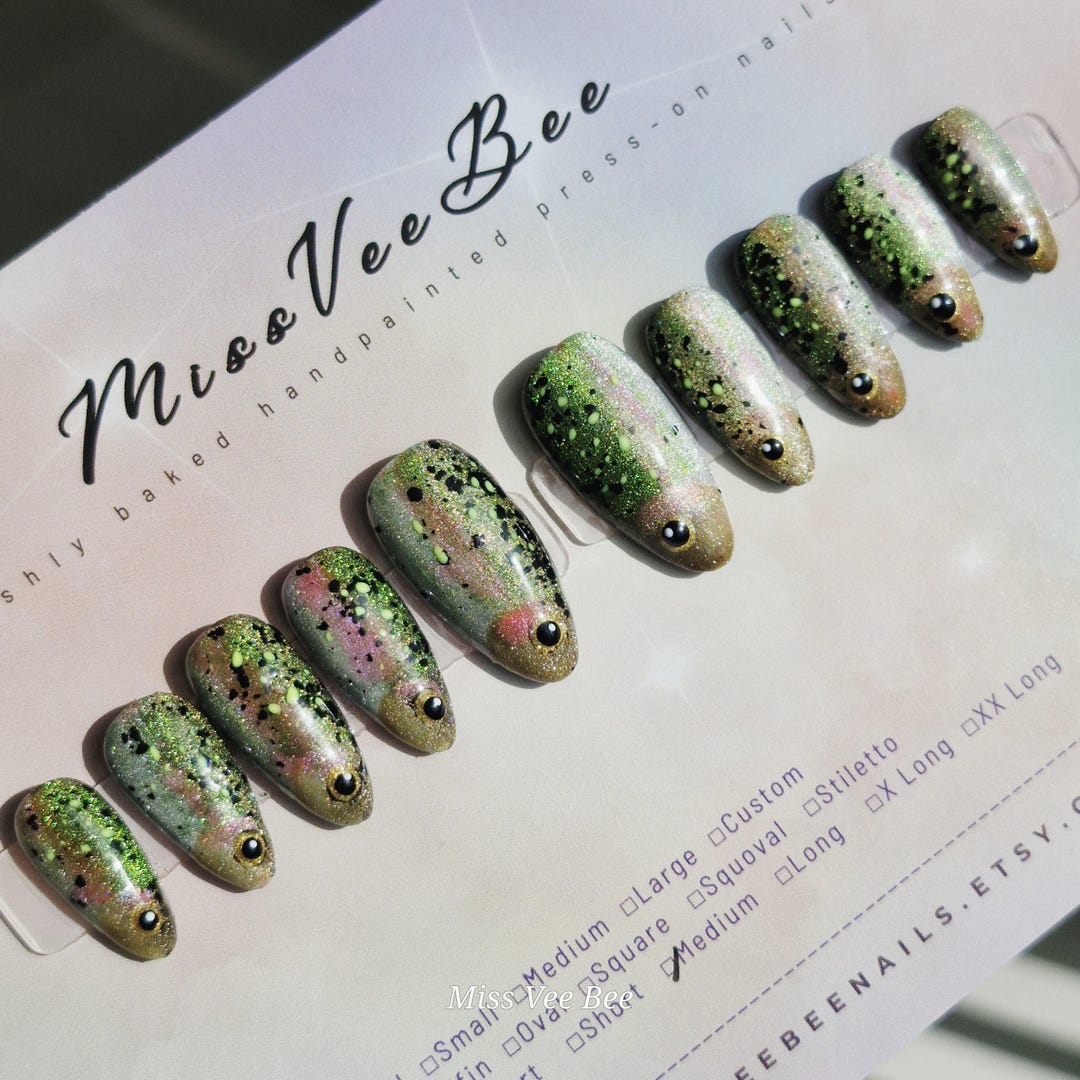 Rainbow Trout Fish Nails, Luxury Press on Nails, Handmade Hand Painted ...