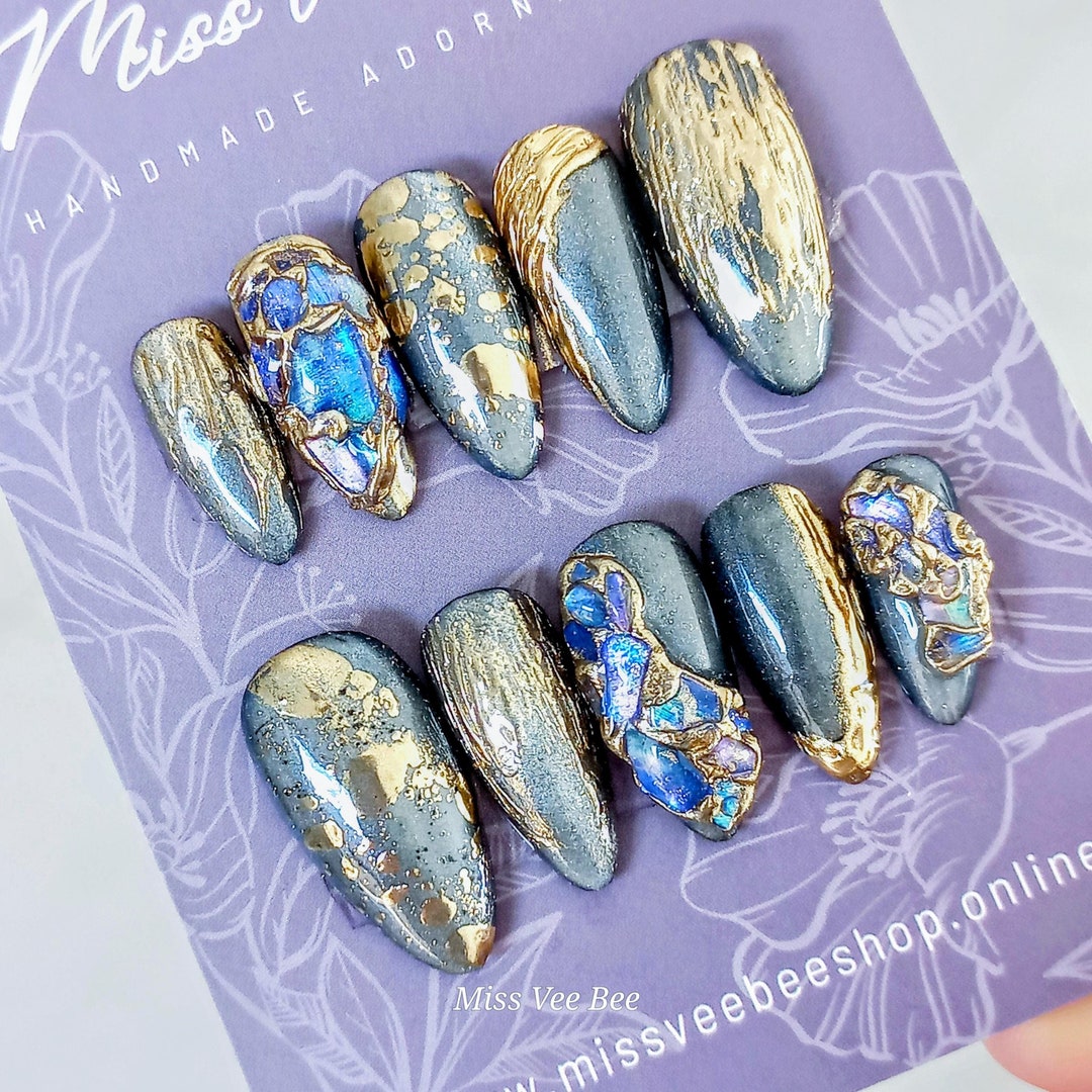 Smokey Grey Wicked Gold Whimsical Celestrial 3D Nails, Luxury Handmade ...