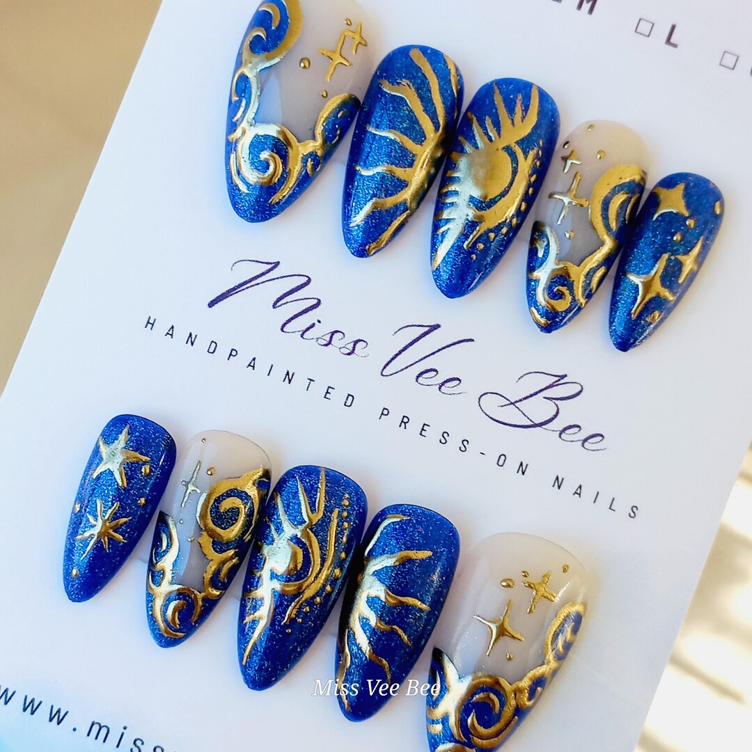 Gold Celestial Art, Sun Stars Clouds, Dark Blue Sky, Luxury Handmade ...