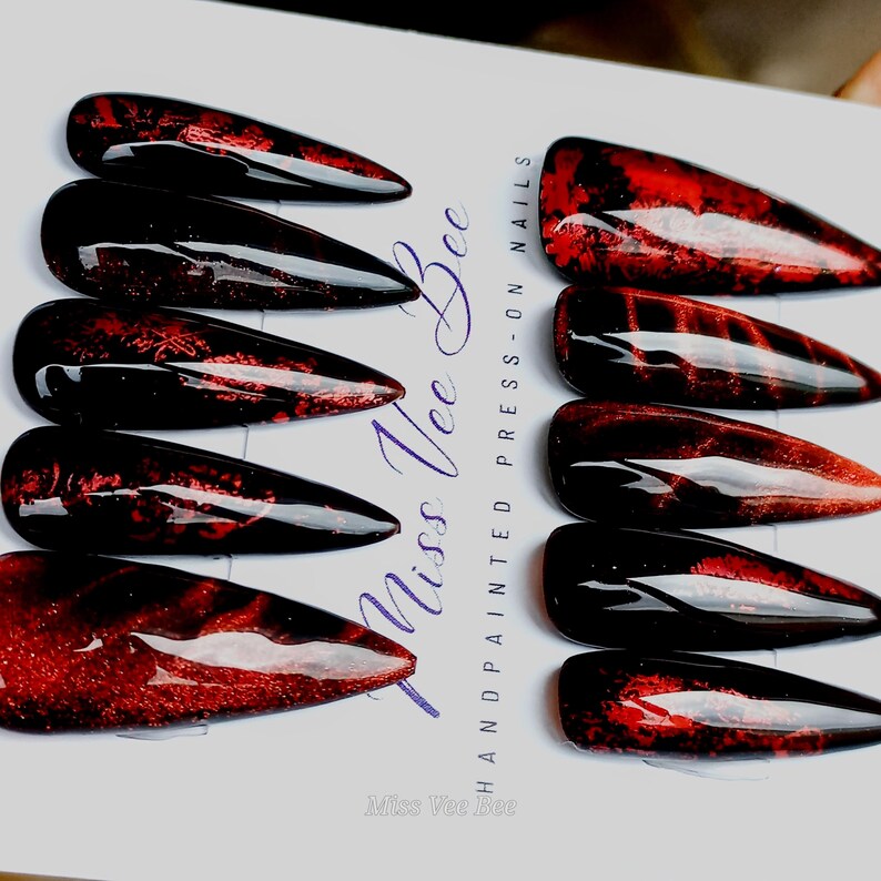 Scattered Red Black Dark Nails, Luxury Handmade Hand Painted Reusable ...