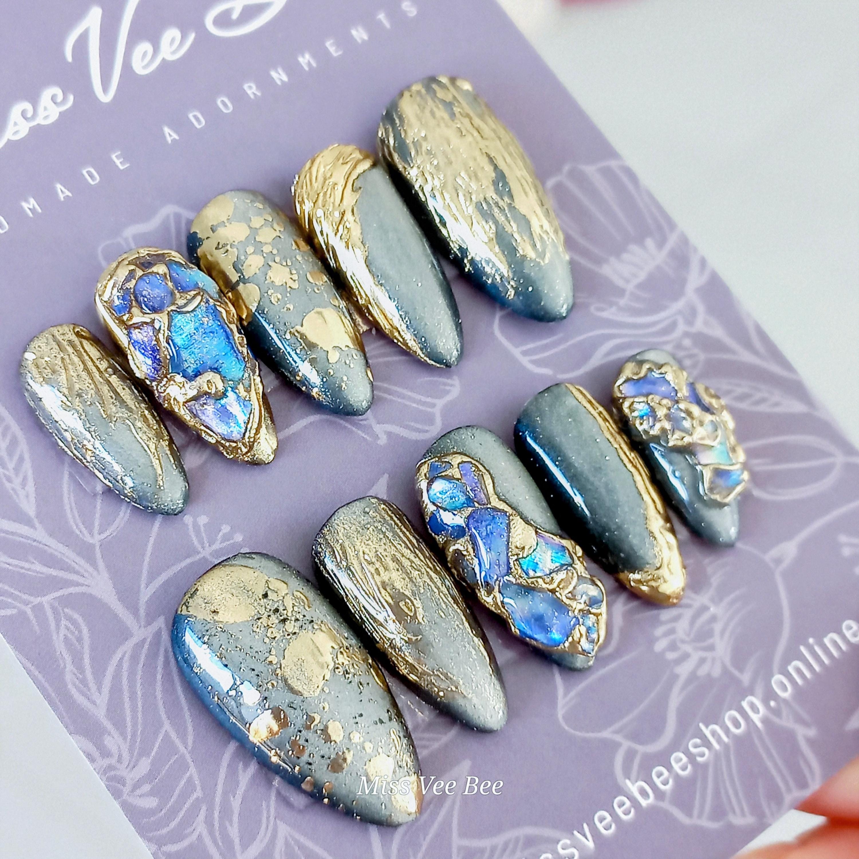 Smokey Grey Wicked Gold Whimsical Celestrial 3D Nails, Luxury Handmade ...