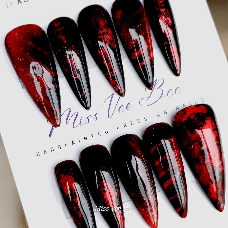 Scattered Red Black Dark Nails, Luxury Handmade Hand Painted Reusable ...