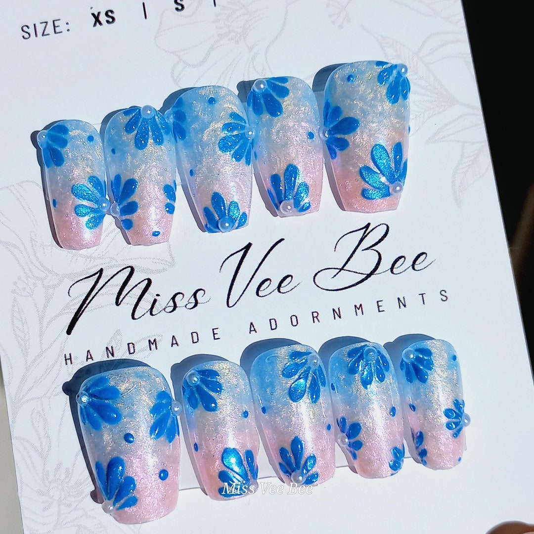 Pastel Pearlescent Mermaid Beach Nails Blue Clams, Luxury Handmade Hand ...