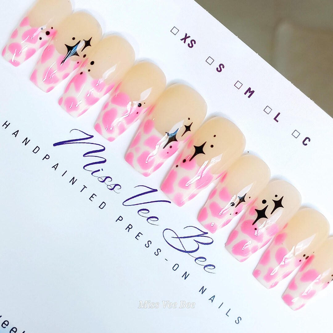 Baby Pink Cow Blob Print Black Quasars White French Tip Nails, Hand ...