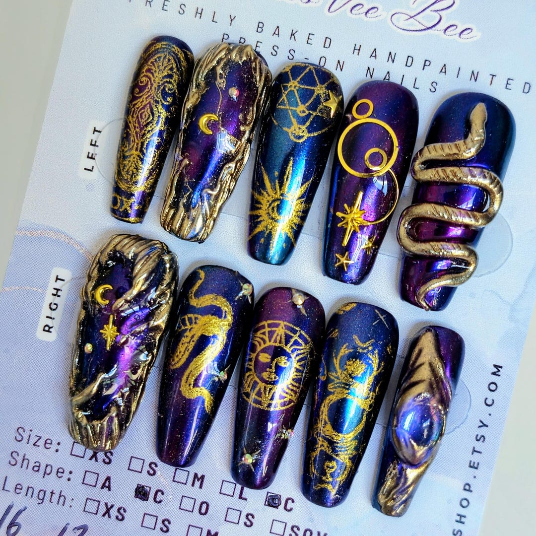 Dark Witchy Whimsical Celestrial Blue Purple 3D Nails, Luxury Handmade ...