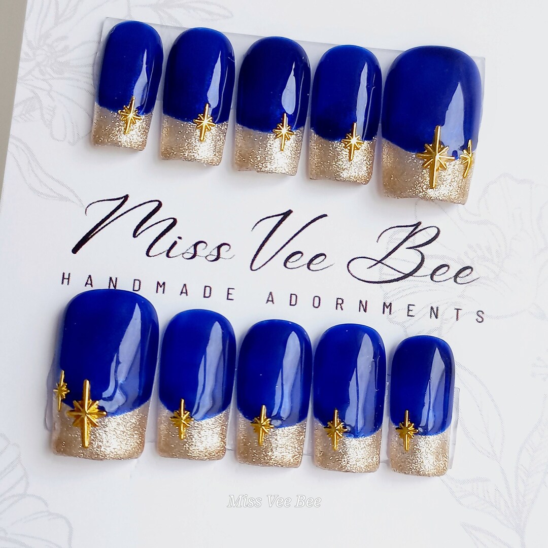 Cobalt Midnight Blue Gold French Tip Sparkle, Rich Vibrant, Luxury ...