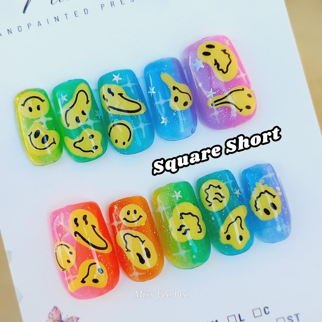 Melting Yellow Smiley Faces Glitter Rainbow Jelly Press on Nails ...