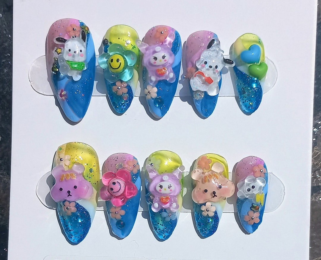 Press on Nails Fun Slide With Cuties Kawaii Handmade Gel Nails Reusable ...