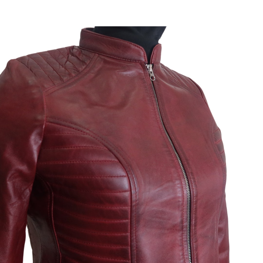 Veste en cuir rouge vintage, Manteaux motards rouges pour femmes, Veste ...
