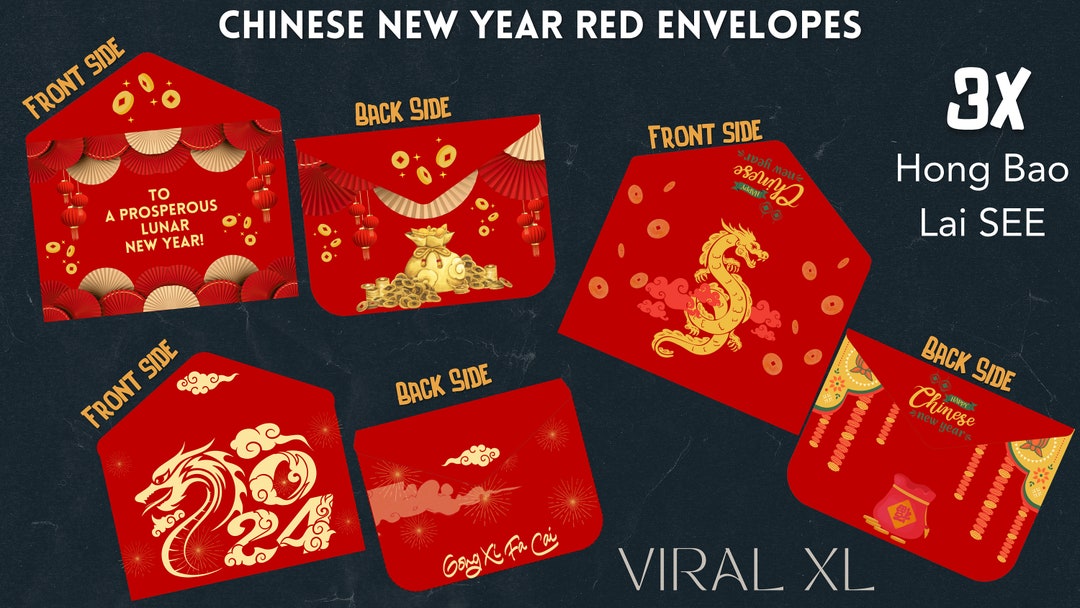 3 Digital Chinese New Year Envelopes, Red and Gold Year of the Dragon ...