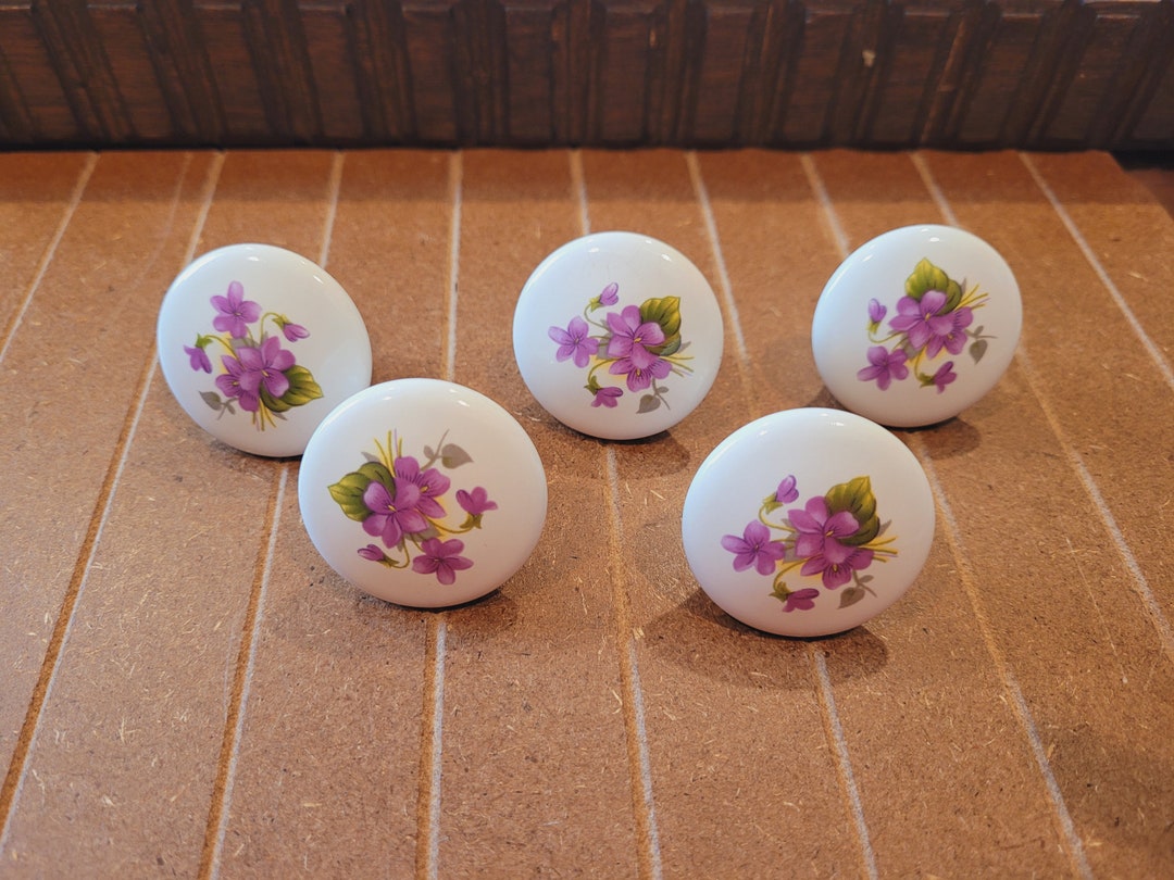 Vintage Round White Porcelain Knobs With Purple Flower and Leaf Design--set OF 5. - Etsy