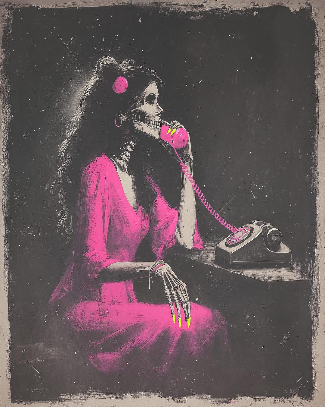Retro Telephone Skeleton Art | Hot Pink Print | Digital Download ...