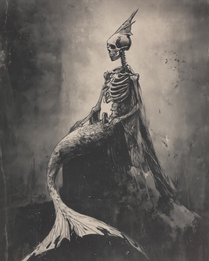 Gothic Mermaid Skeleton Art | Black White Print | Digital Download ...