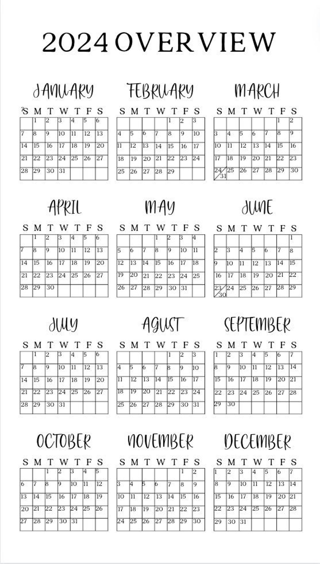 Minimalist 2024 Overview Print Out - Etsy