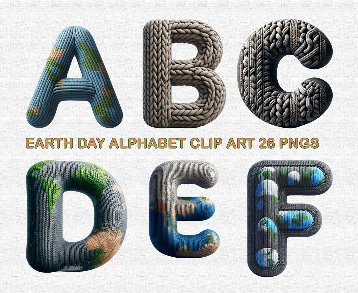Earth Day Alphabet Clipart, Knit Alphabet, Alphabet PNG, Digital ...
