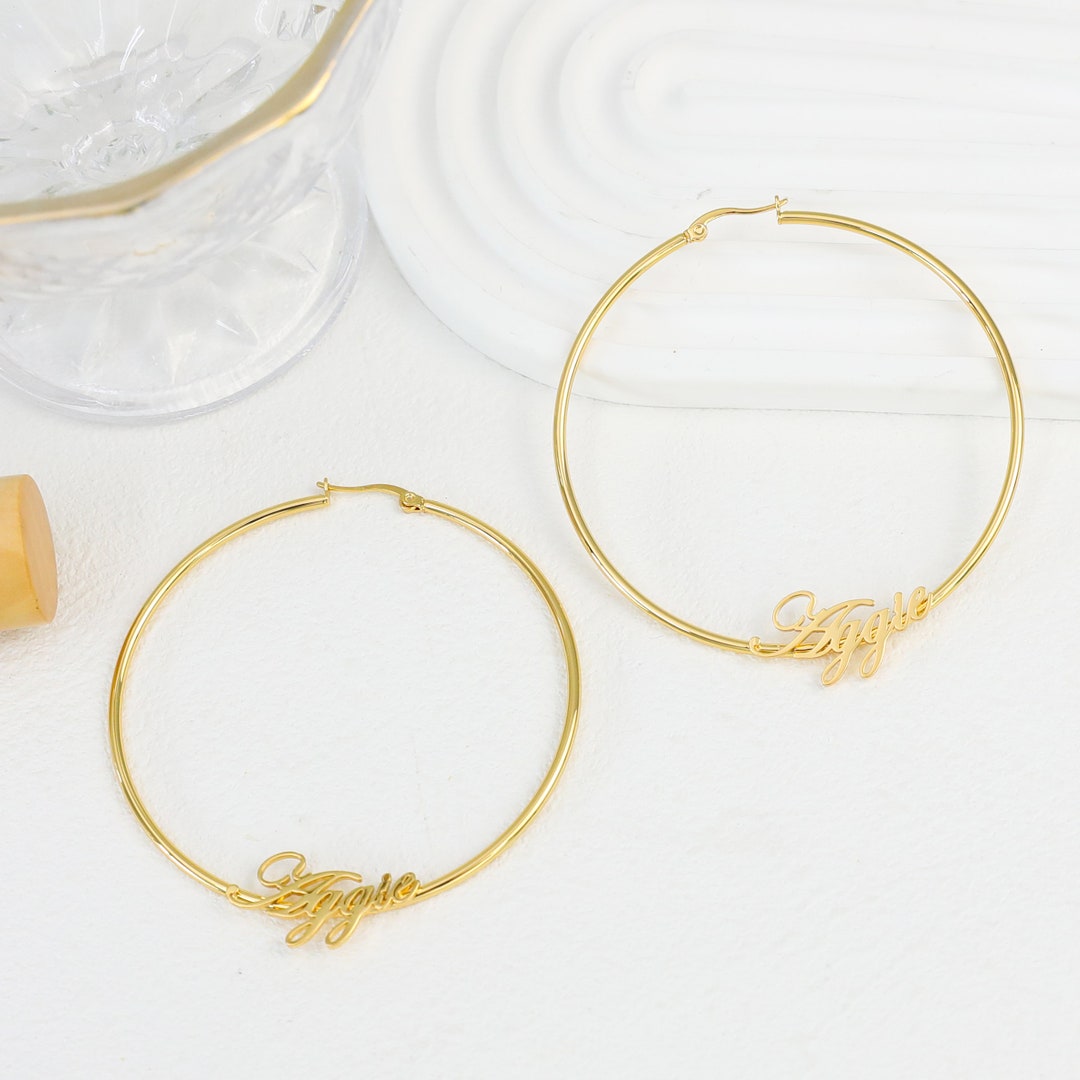 Custom Round Hoop Earrings, Name Hoops, Name Earrings Gold, Nameplate ...