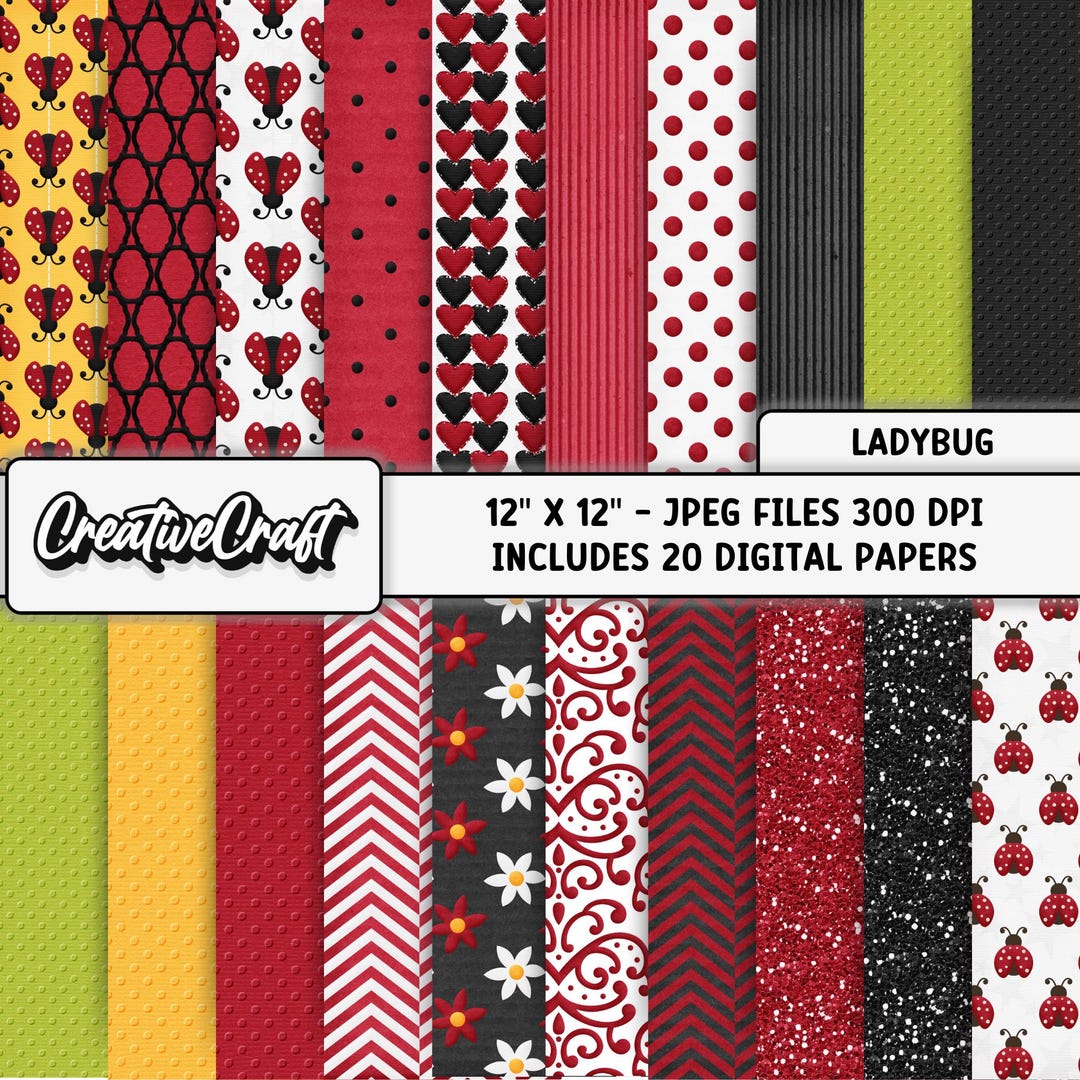 20 Ladybug Digital Papers 12" X 12", Red Black Ladybug Scrapbook Paper ...