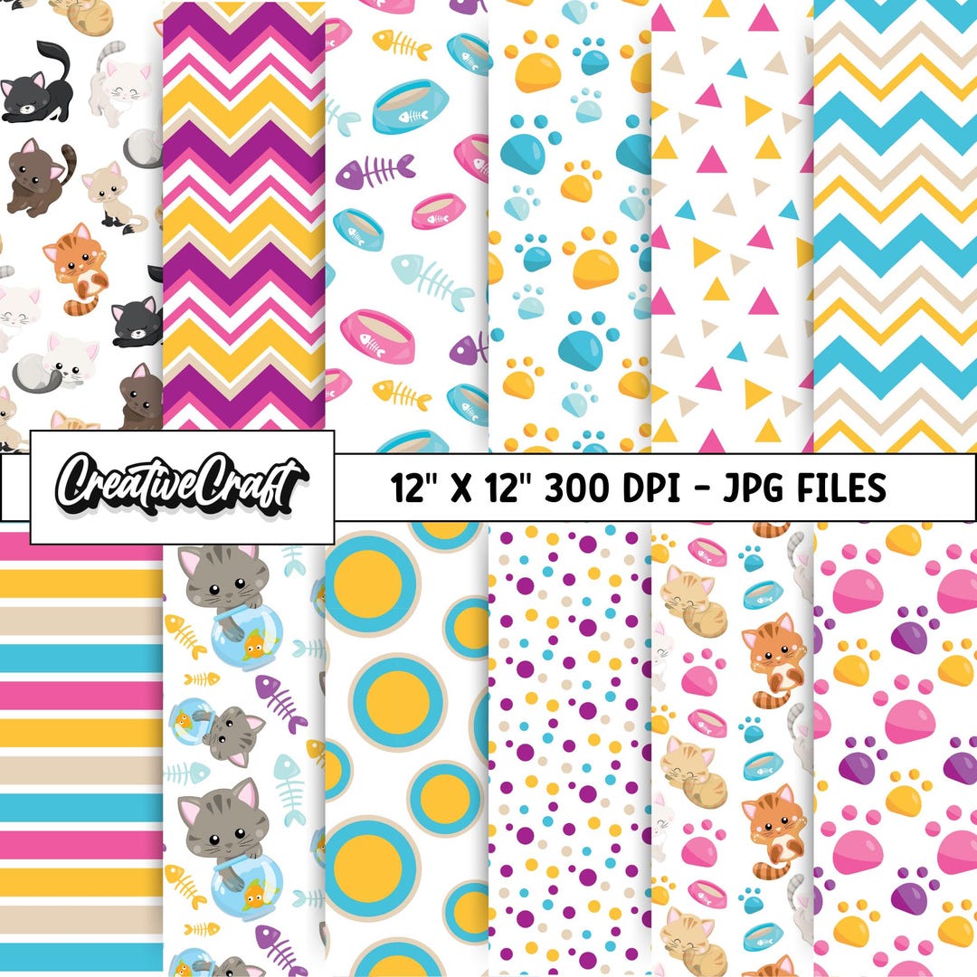 12 Cute Cats Digital Papers 300 DPI Highest Quality, Cute Cats ...