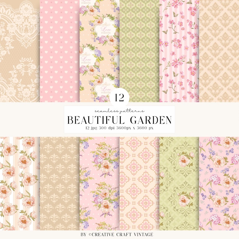 12 Beautiful Garden Seamless Patterns, Vintage Floral Shabby Chic ...