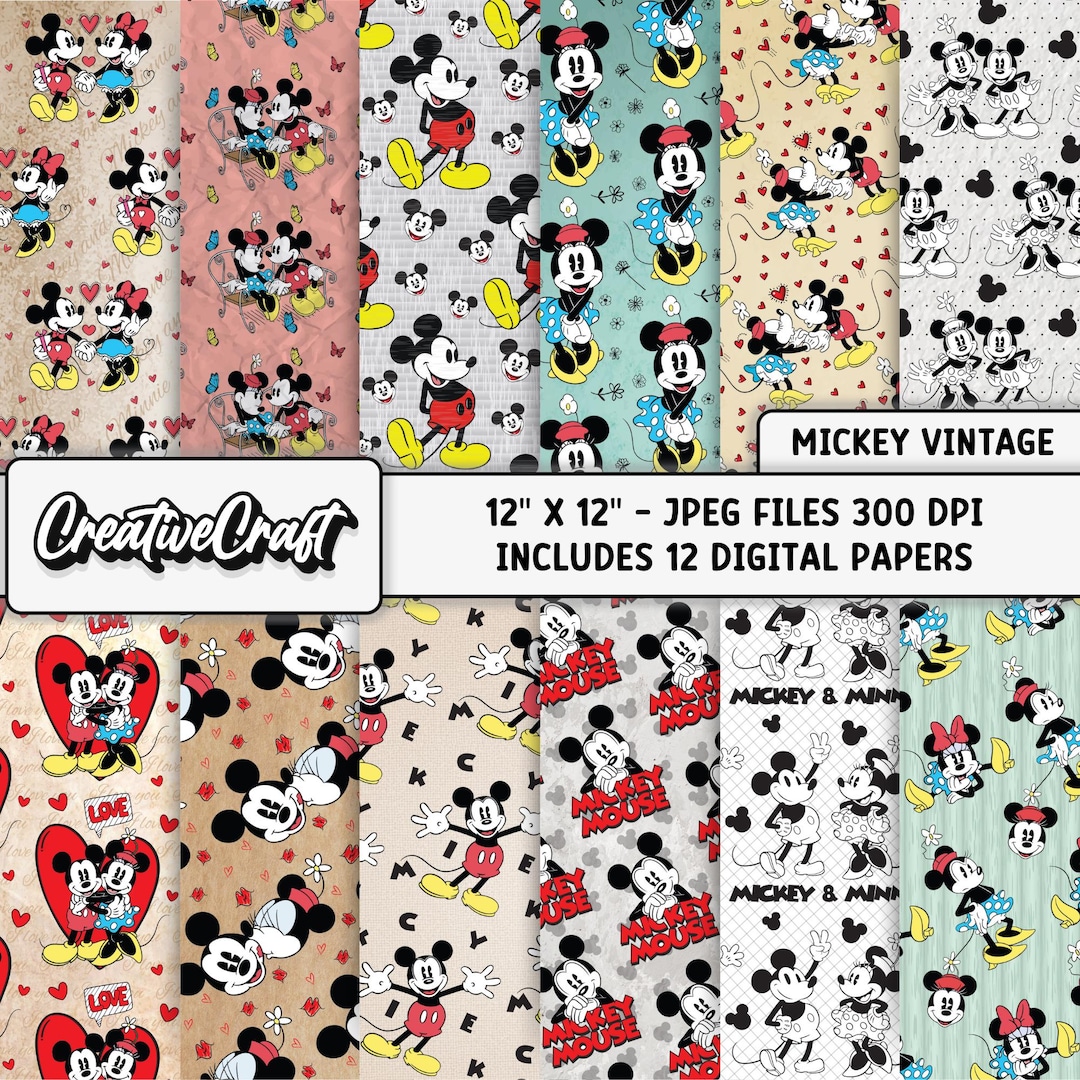 12 Mickey Vintage Digital Papers 300 DPI Maximum Quality, Mickey ...