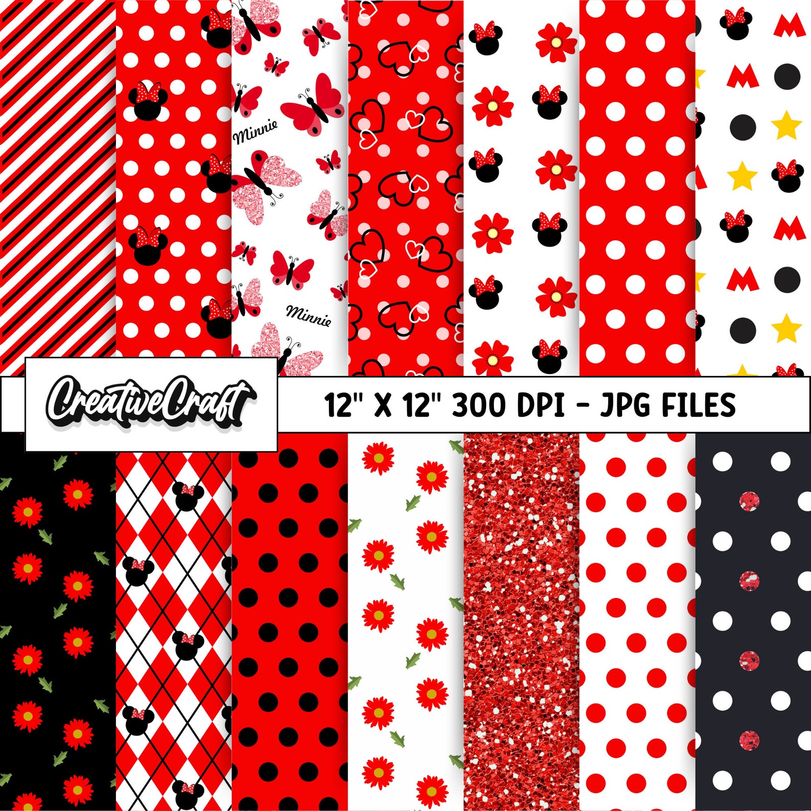 14 Minnie the Mouse Digital Papers 300 DPI Maximum Quality, Minnie ...