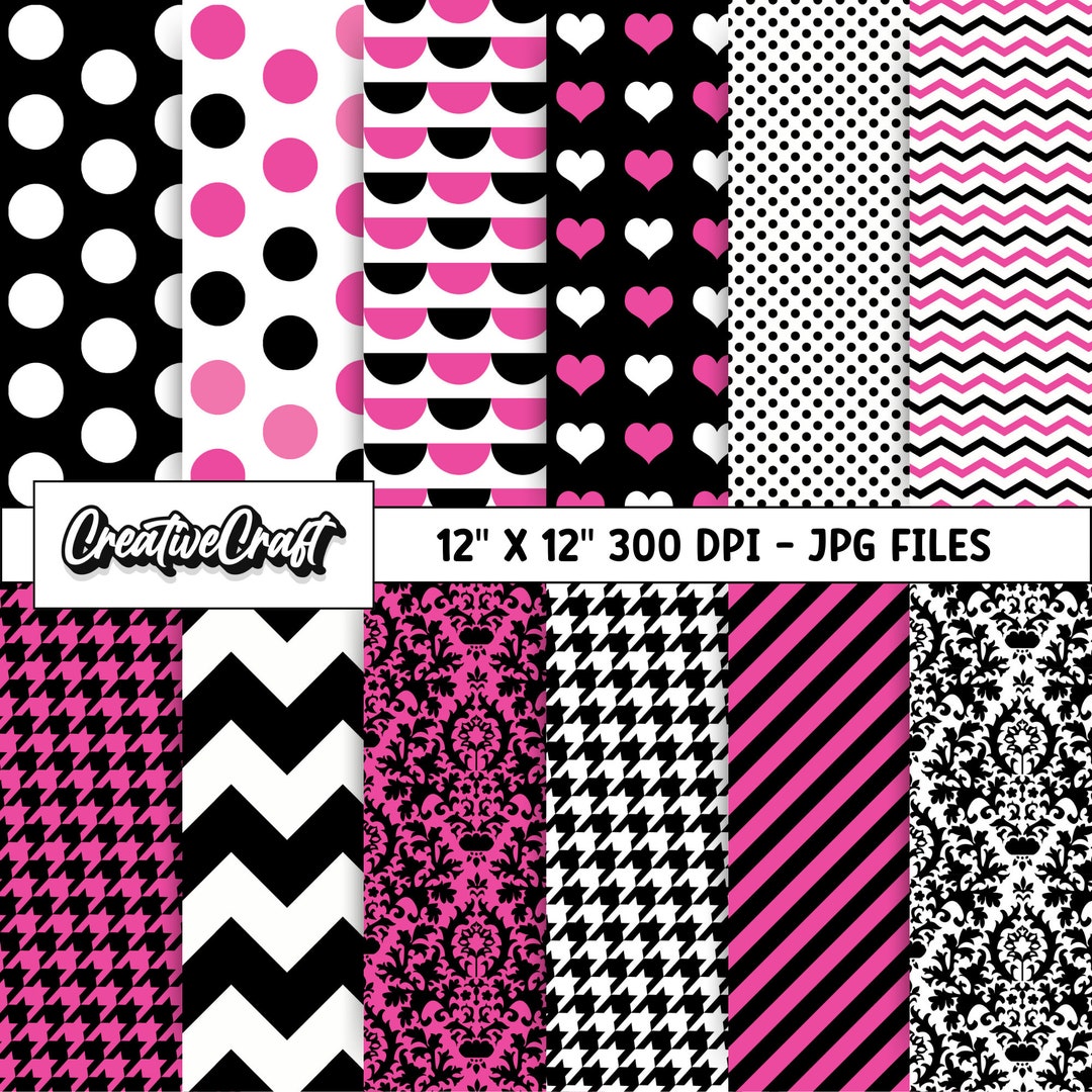 12 Pink Black Digital Papers 300 DPI Maximum Quality, Pink Black ...