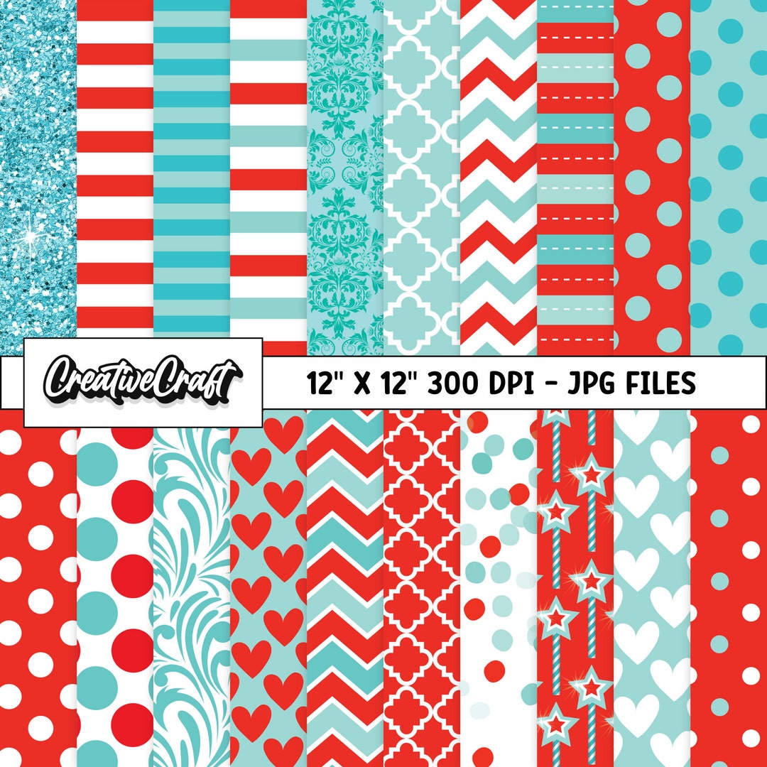 20 Red Turquoise Digital Papers 300 DPI Highest Quality, Red Turquoise ...