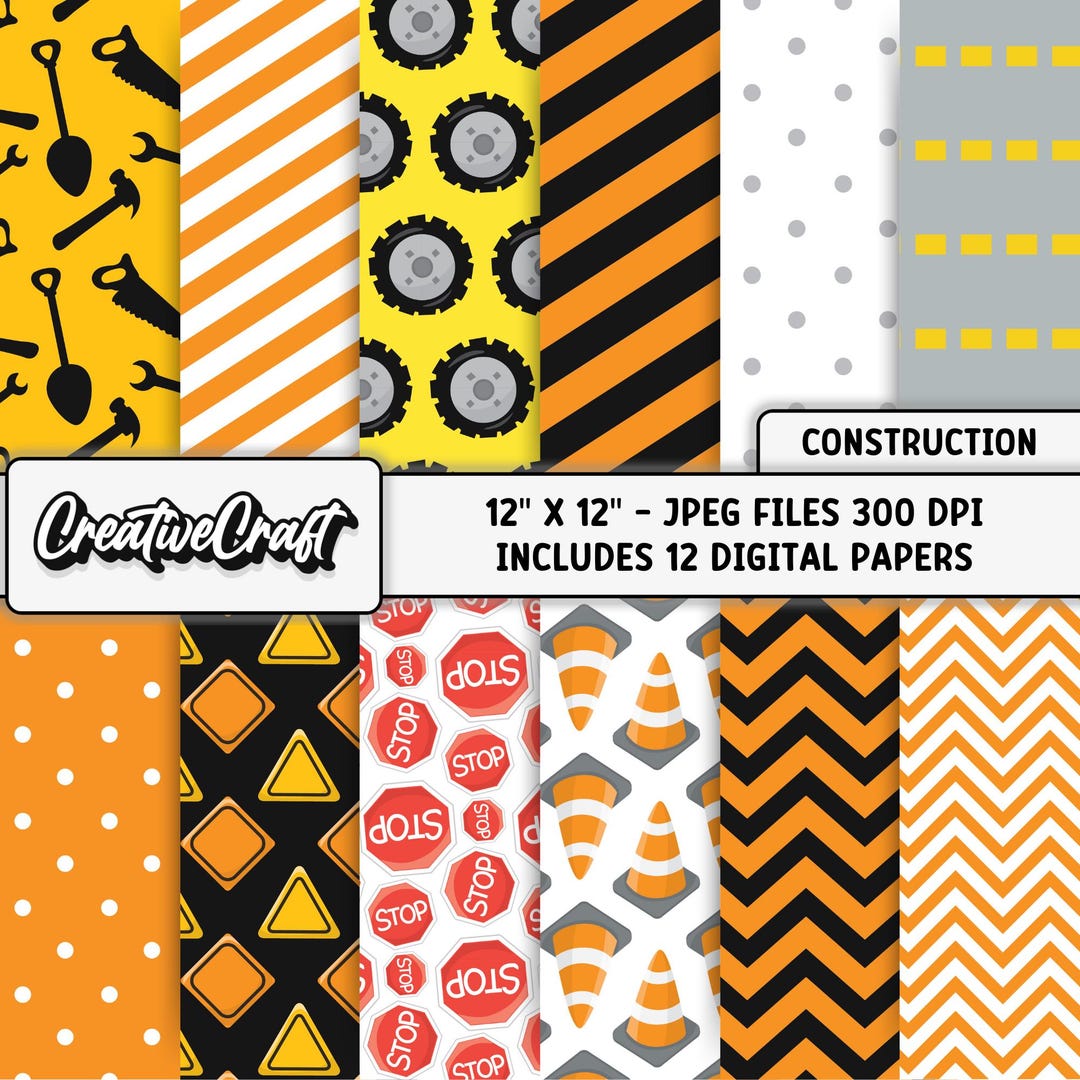 12 Construction Digital Papers 12x12, Builder Birthday Background ...