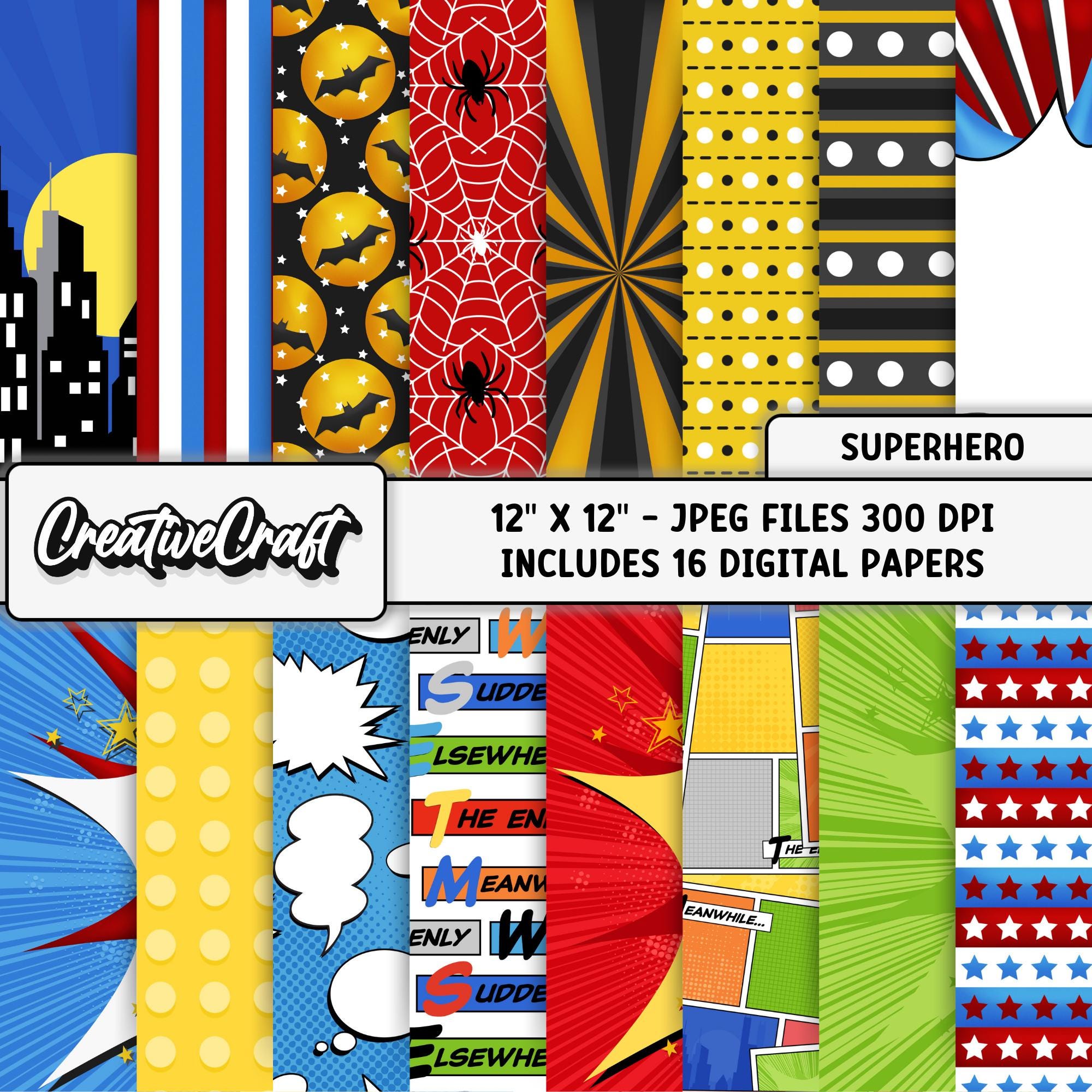 16 Superhero Comics Digital Papers 300 DPI Maximum Quality, Superhero ...
