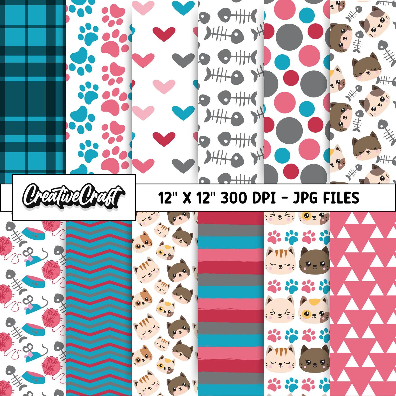 12 Cute Cats Digital Papers 300 DPI Highest Quality, Cute Cats ...